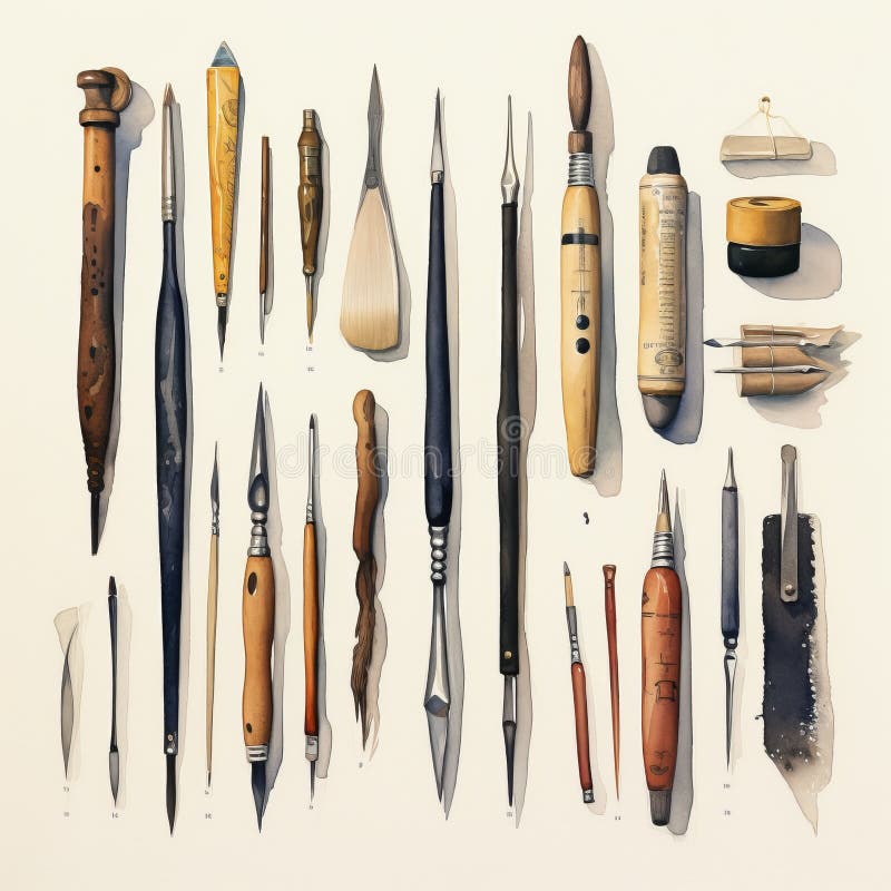 Illustration of Various Tools in Realistic Brushwork Style Stock ...