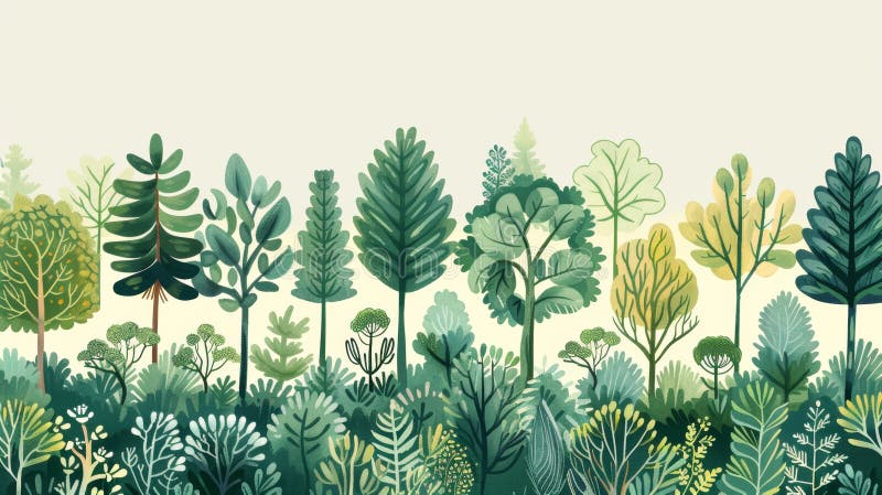 Illustration of Various Trees and Plants in a Lush Forest Setting ...