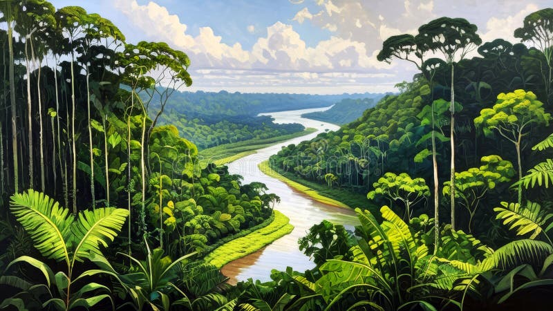 Illustration of a Vast Expanse of the Amazon Rainforest with a River ...