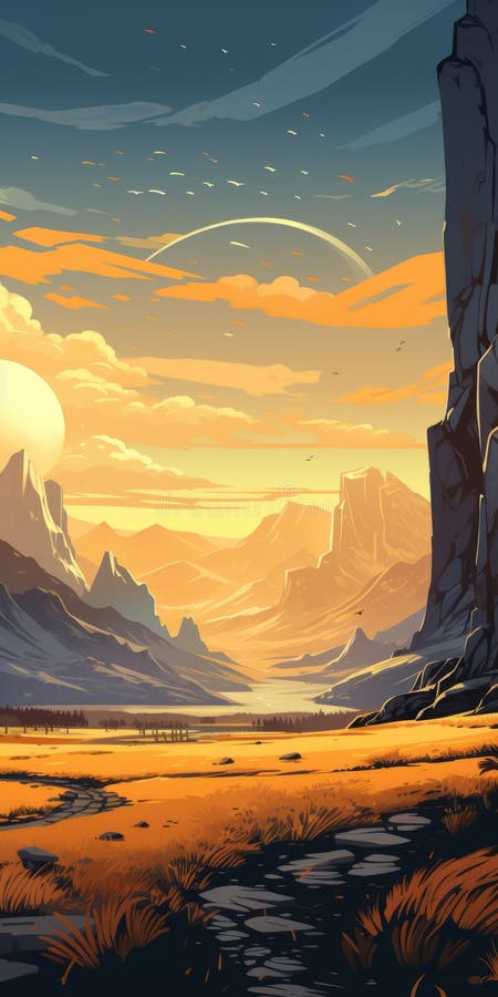 Grandeur of Scale: Illustrated Plain with Mountain Background Stock ...