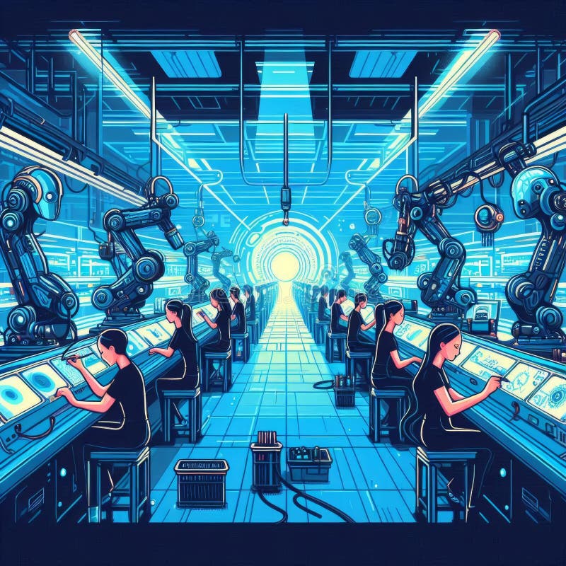 Illustration Vector of a Futuristic Assembly Line Blending with AI and ... Illustration Vector of a Futuristic Assembly Line Blending with AI and ...