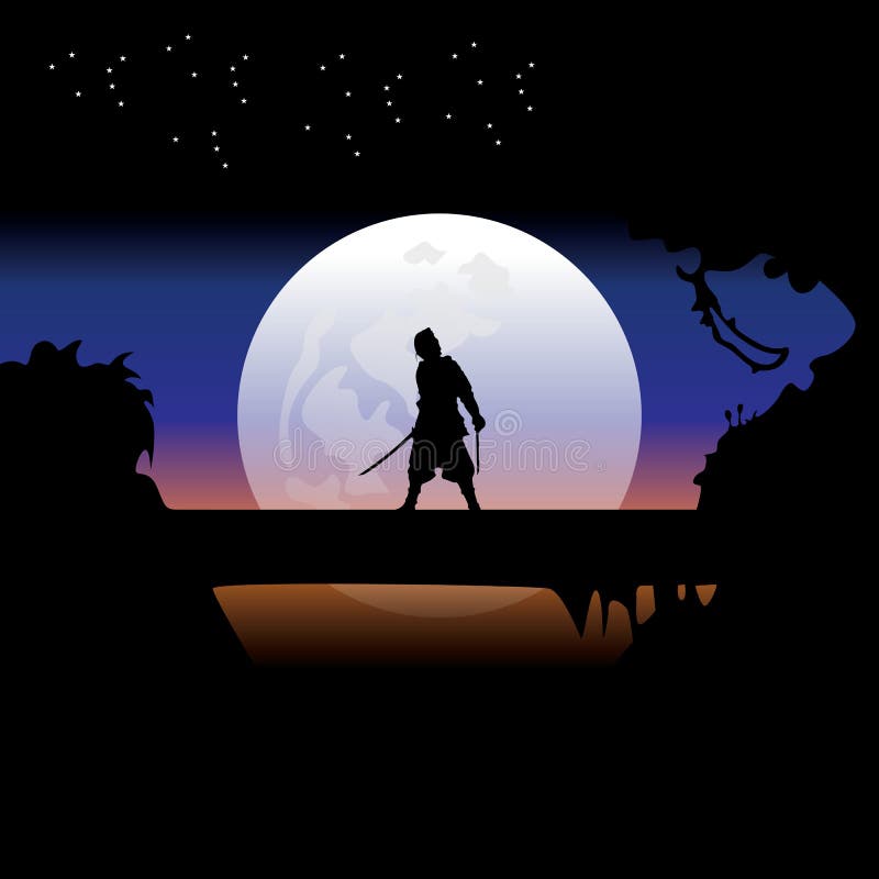 Samurai Training at Night on a Full Moon Stock Vector - Illustration of ...
