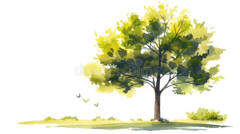 Illustration Watercolor of Tree Side View Isolated on White Background ...