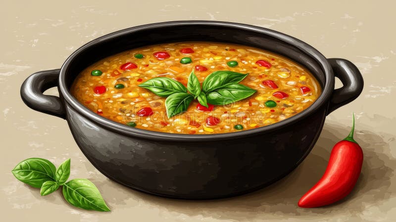 An Illustration of Vegetable Soup Simmering in a Pot, with a Kitchen ...