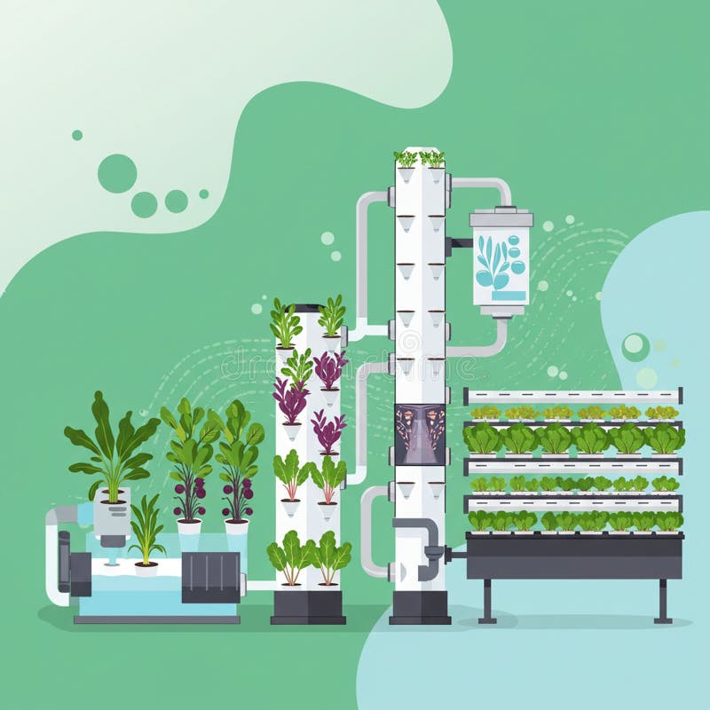 Illustration of a Vertical Hydroponic System Featuring Plants in White ...