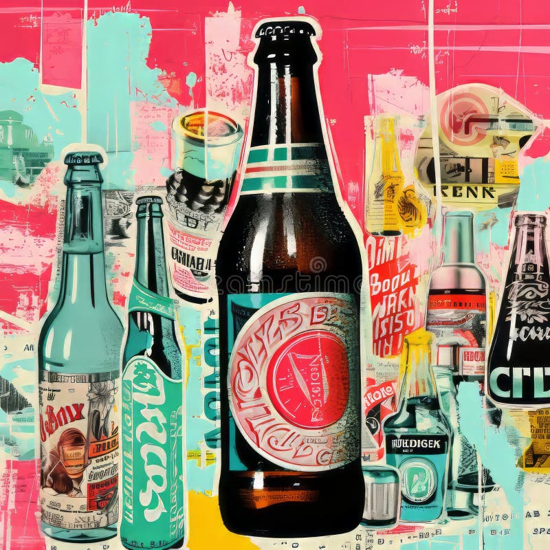 Collage Style Poster with Detailed Illustrations of Cans and Bottles ...