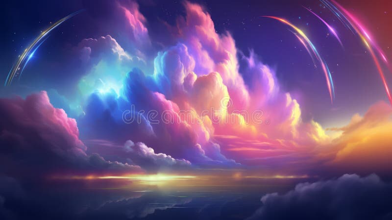 Illustration of a Vibrant Rainbow-colored Sky with Fluffy Clouds Stock ...