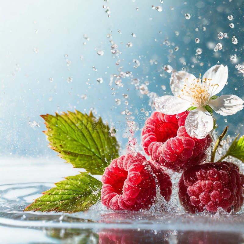 Illustration of a Vibrant Raspberries Splashes into Water, Creating a ...