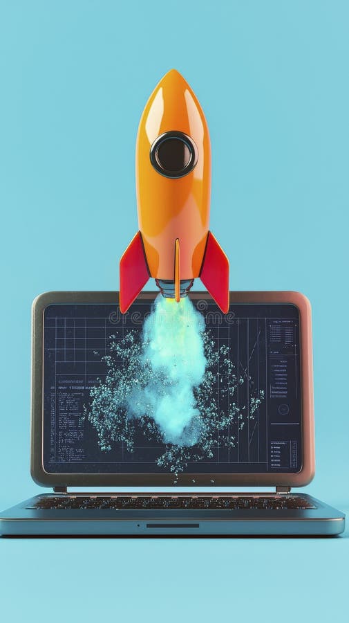 Rocket Launching from a Laptop Screen Concept Stock Illustration ...