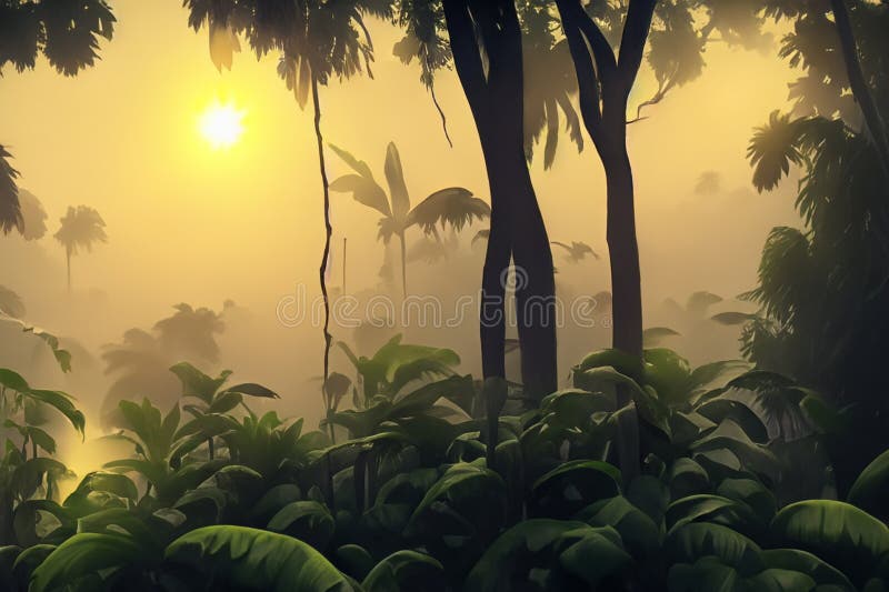 Illustration of View of the Amazon Forest, at Sunset with Mist and ...