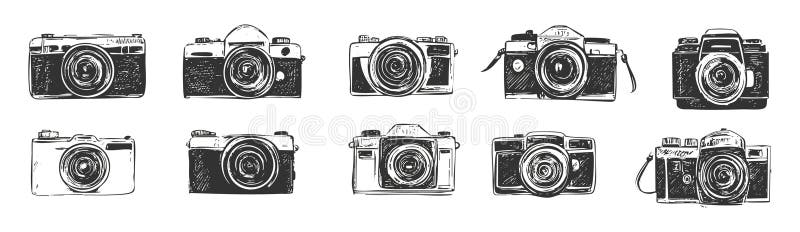 Illustration of Vintage Cameras in Black and White Sketch Style. Stock ...