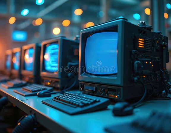 Illustration Vintage Computer Screens, Keyboards, Mice, Old-fashioned ...