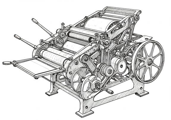 An Illustration of a Vintage Printing Press with Intricate Mechanical ...