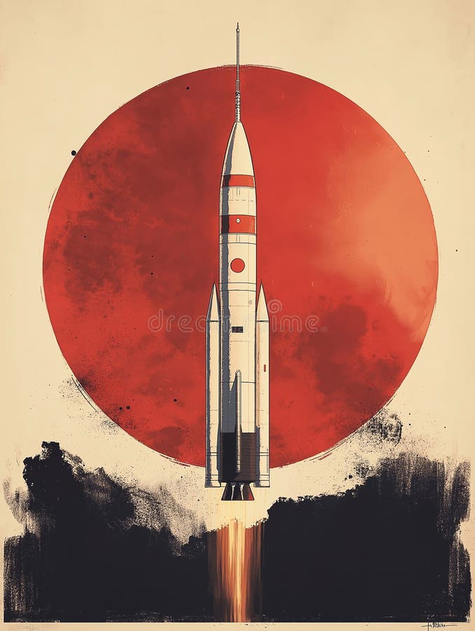 Vintage Rocket Against the Backdrop of a Huge Sun Stock Illustration ...