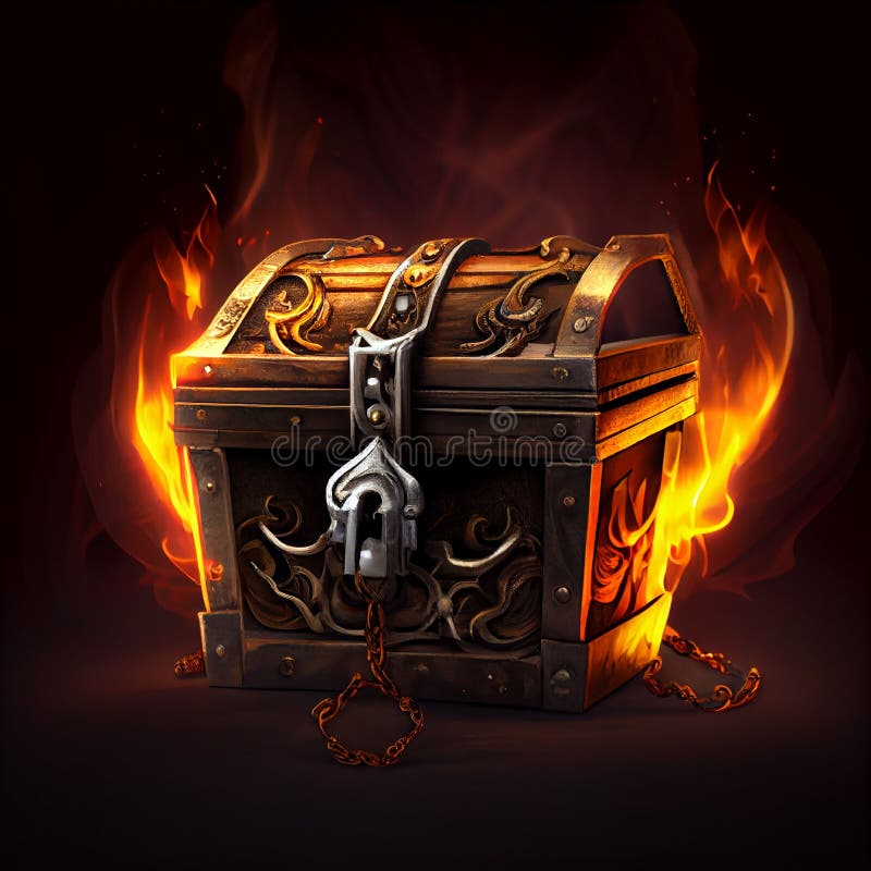 Illustration of a Vintage Treasure Box in Burning Fire Stock ...