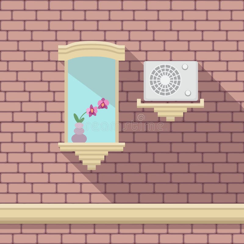 Illustration with a Vintage Window and Air-conditioner on the Brick ...