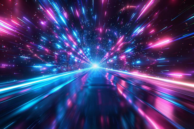 Visual Abstract Background with Blue and Purple Neon Light Rays, Speed of Lights in a Space ...