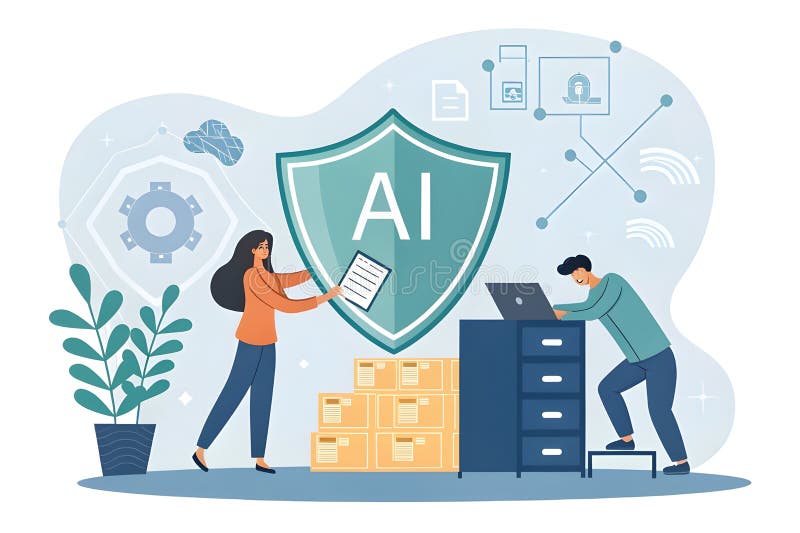 Artificial Intelligence and Data Protection Concept Illustration with Shield and Secure Access ...