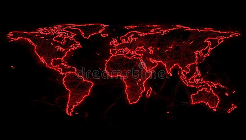 Illustration of a Vivid Red Neon Map on a Black Background Stock Photo ...