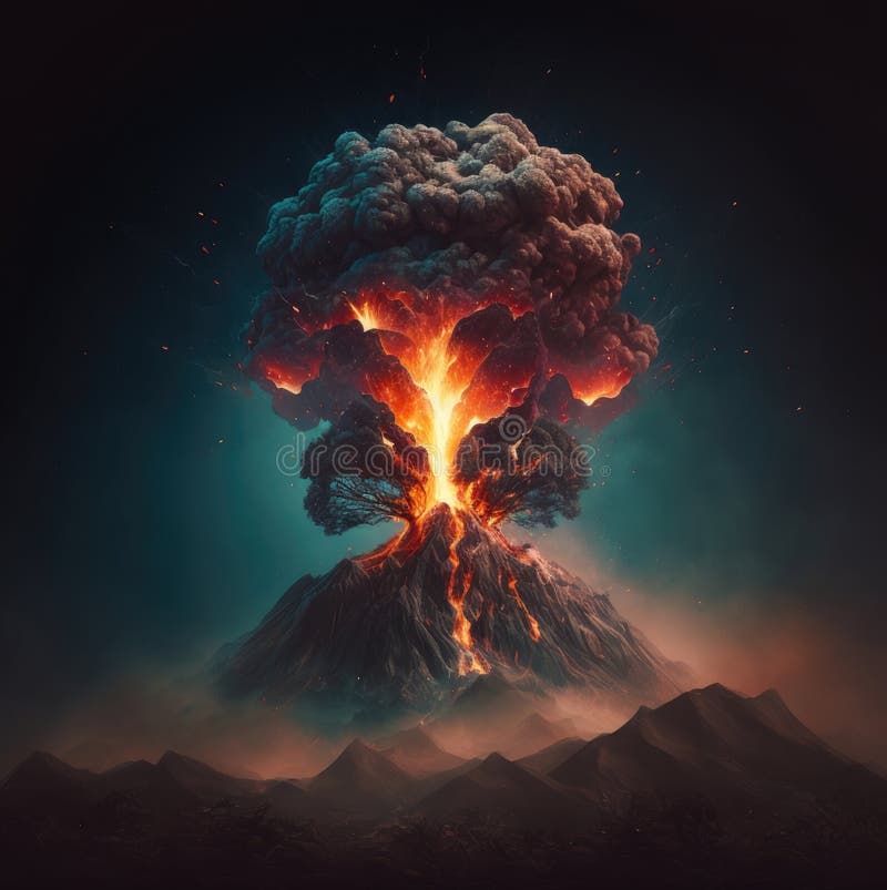 An Illustration of a Volcanic Eruption Under a Black Sky. Created with ...