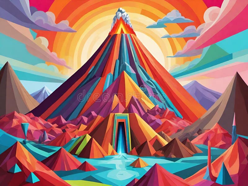 Illustration of the Volcano in the Mountains of a Beautiful Sunset ...