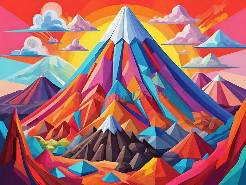 Illustration of the Volcano in the Mountains of a Beautiful Sunset ...