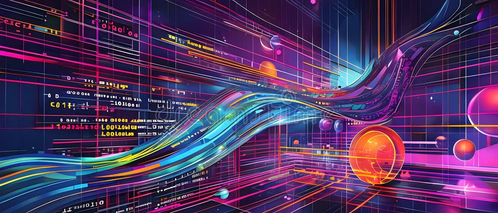 Abstract Data Stream Flowing Like Liquid Light, with Sharp Lines of Code and Binary Numbers ...