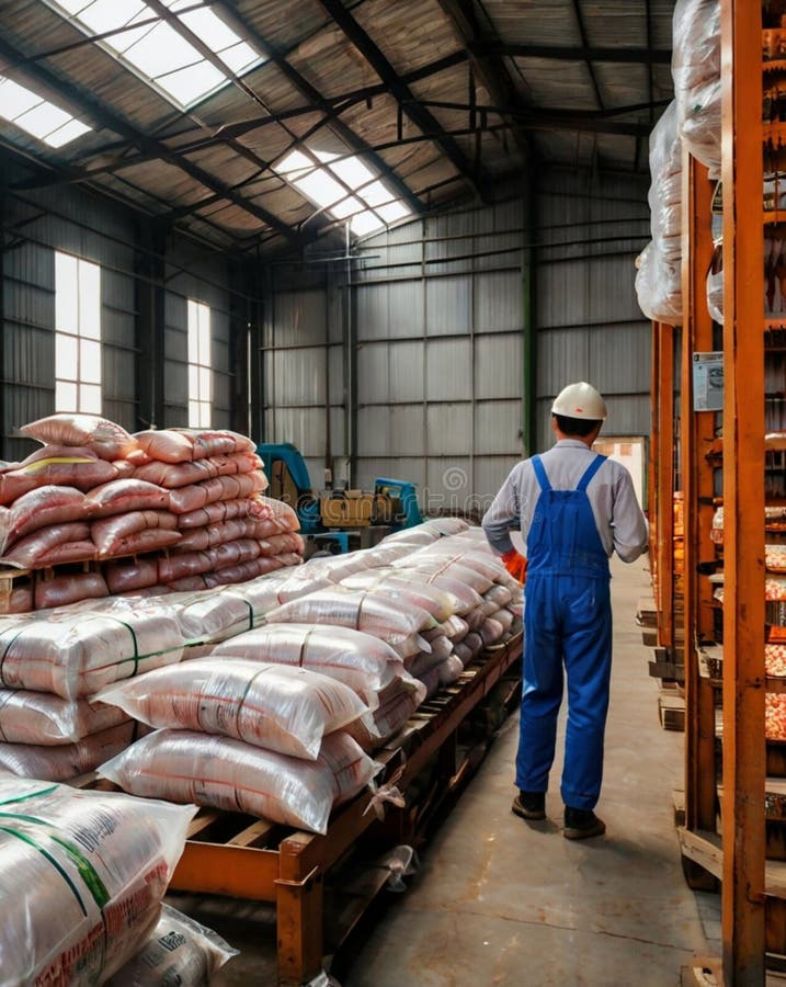 An Illustration of a Warehouse Storing Basic Commodities with Sacks of ...