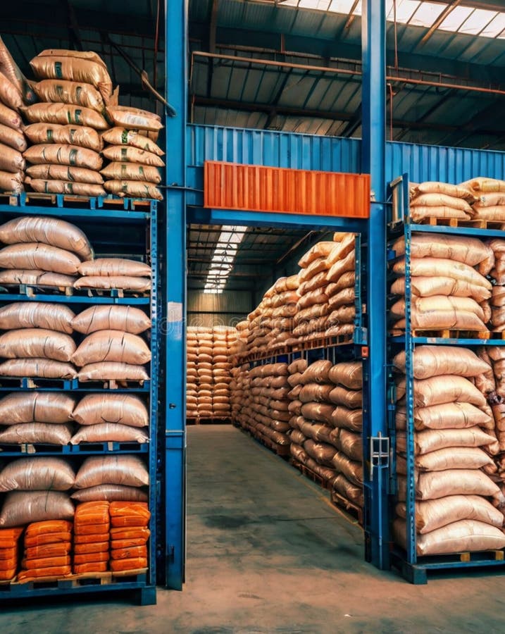 An Illustration of a Warehouse Storing Basic Commodities with Sacks of ...