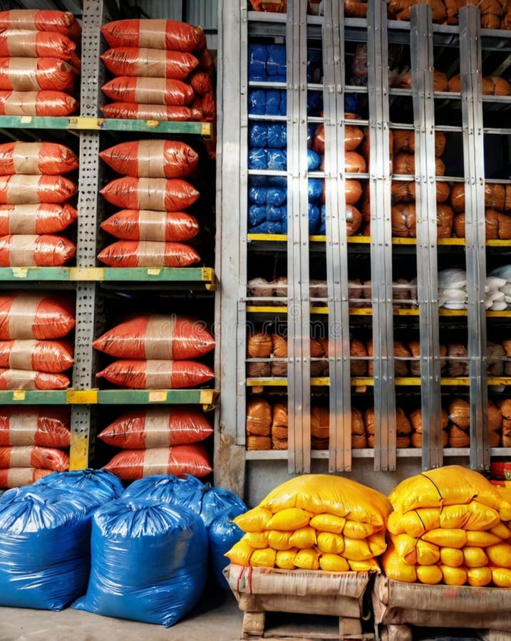 An Illustration of a Warehouse Storing Basic Commodities with Sacks of ...