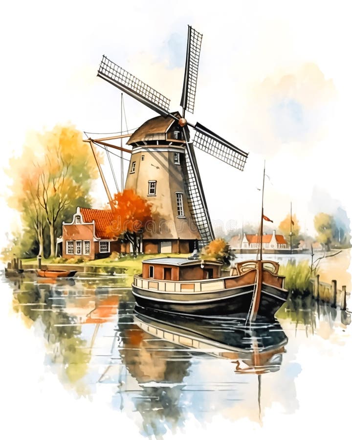 Illustration, Water Color Painting of Dutch Style Windmill Stock ...