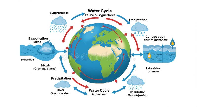 Illustration of the Water Cycle Featuring a Central Earth Image with ...