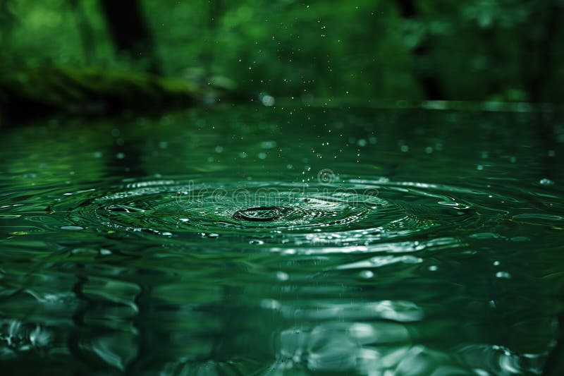 Water Drop with Ripples and Water Splashes in Green Forest Stock ...