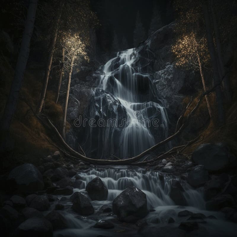Illustration of a Water Fall with the Dark Forest View Stock Image ...