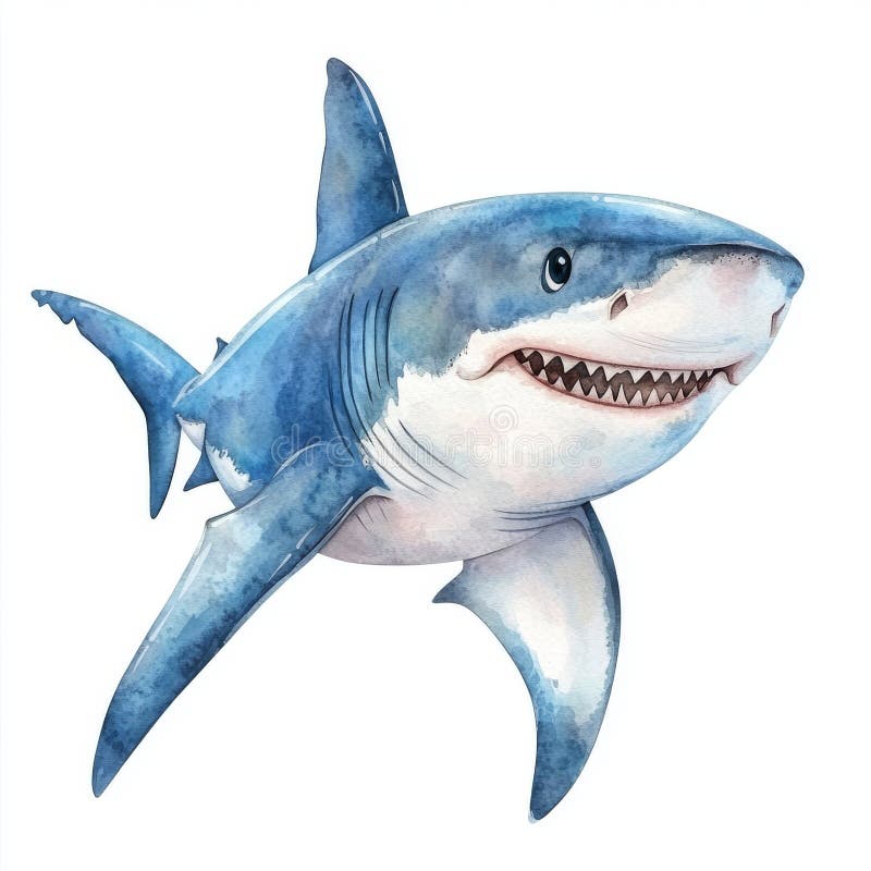 Illustration in Watercolor of a Blue Shark, Aggressive in Nature, with ...