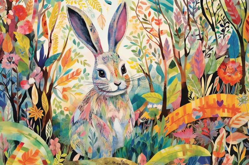 Watercolor Illustration of a Rabbit in the Forest, Spring Background ...