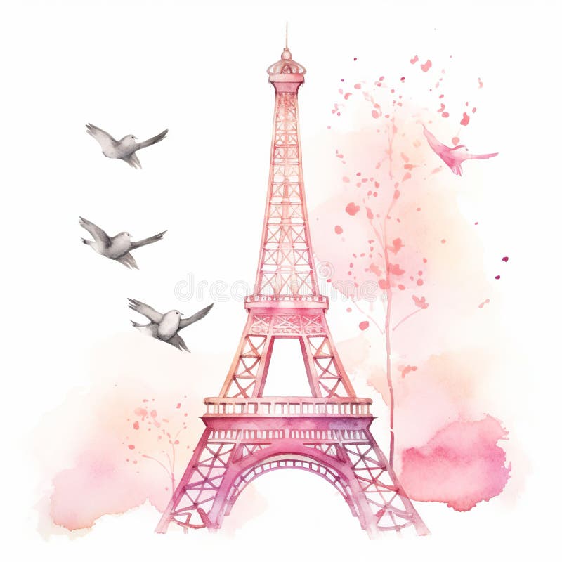 Illustration of Watercolor Stylized Cartoon Eiffel Tower in Pink ...