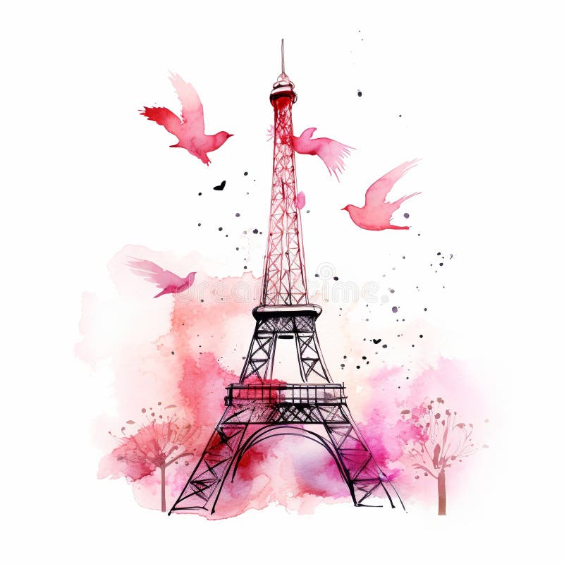 Illustration of Watercolor Stylized Cartoon Eiffel Tower in Pink ...