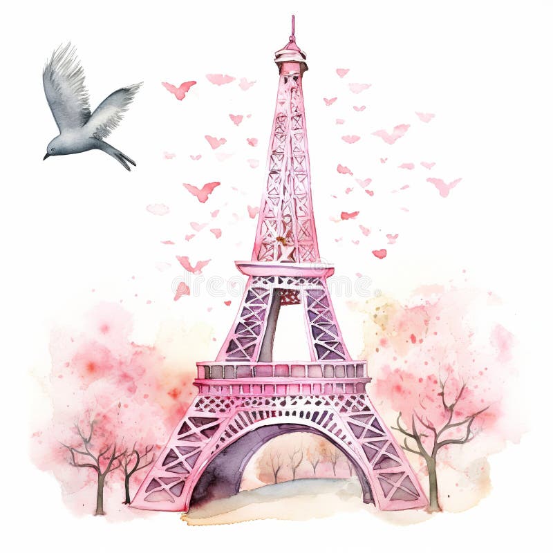 Illustration of Watercolor Stylized Cartoon Eiffel Tower in Pink ...