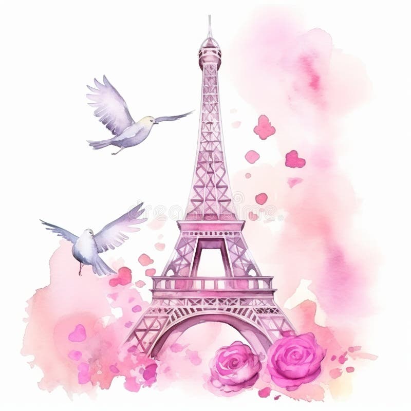 Illustration of Watercolor Stylized Cartoon Eiffel Tower in Pink ...
