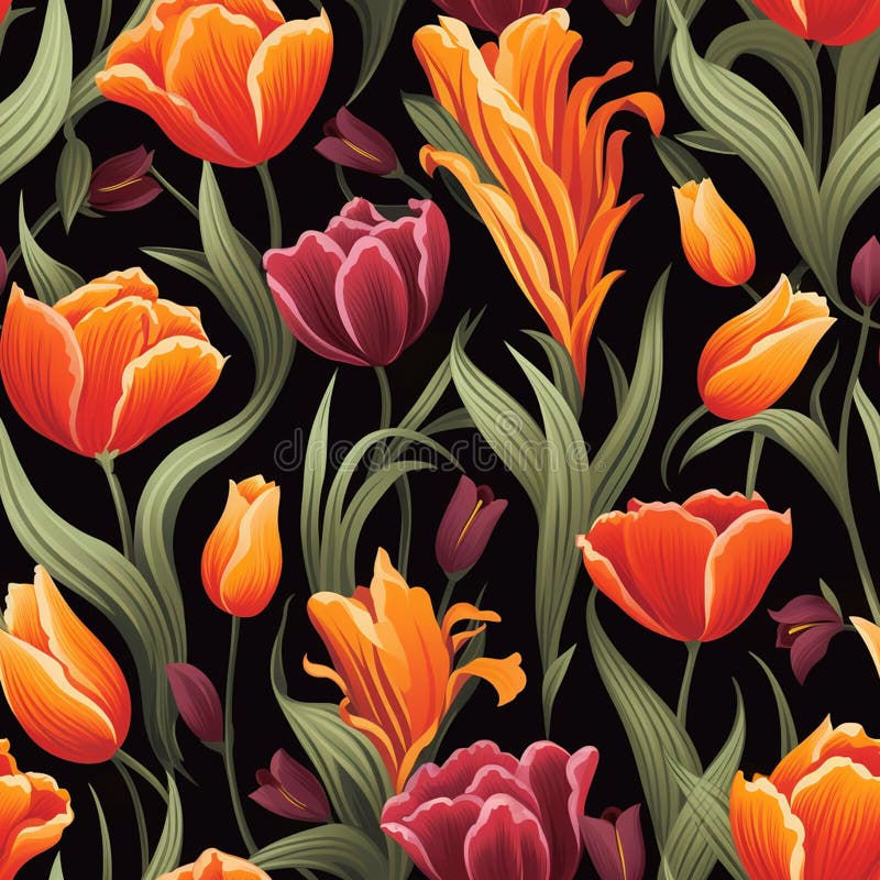 Illustration of Watercolored Seamless Blue Tulip Pattern with Leaves ...
