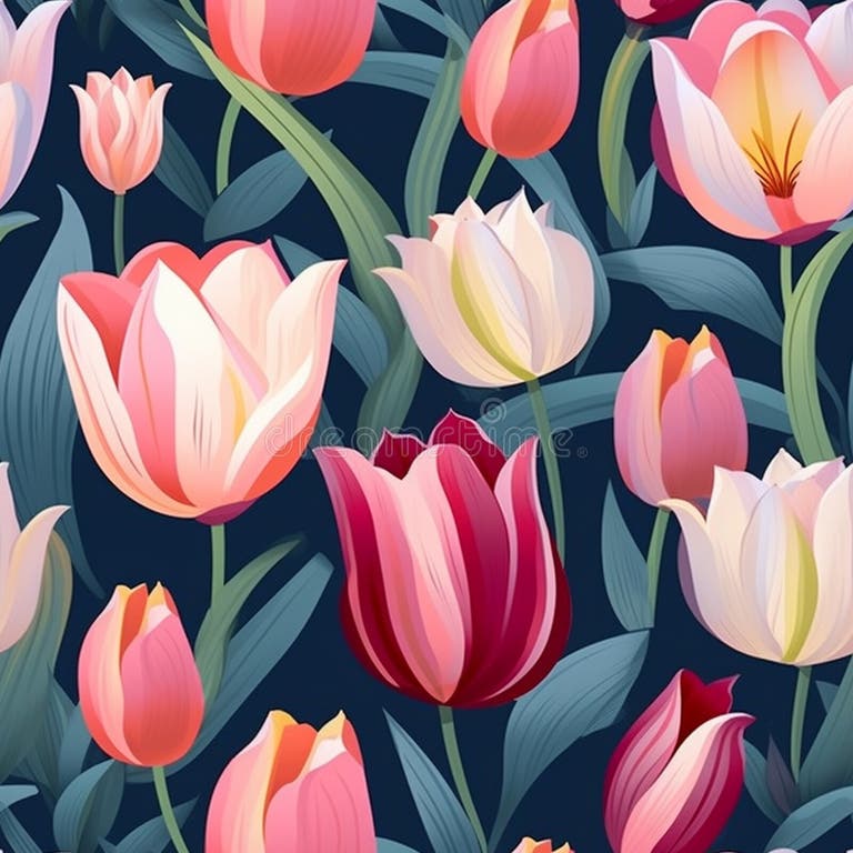 Illustration of Watercolored Seamless Blue Tulip Pattern with Leaves ...