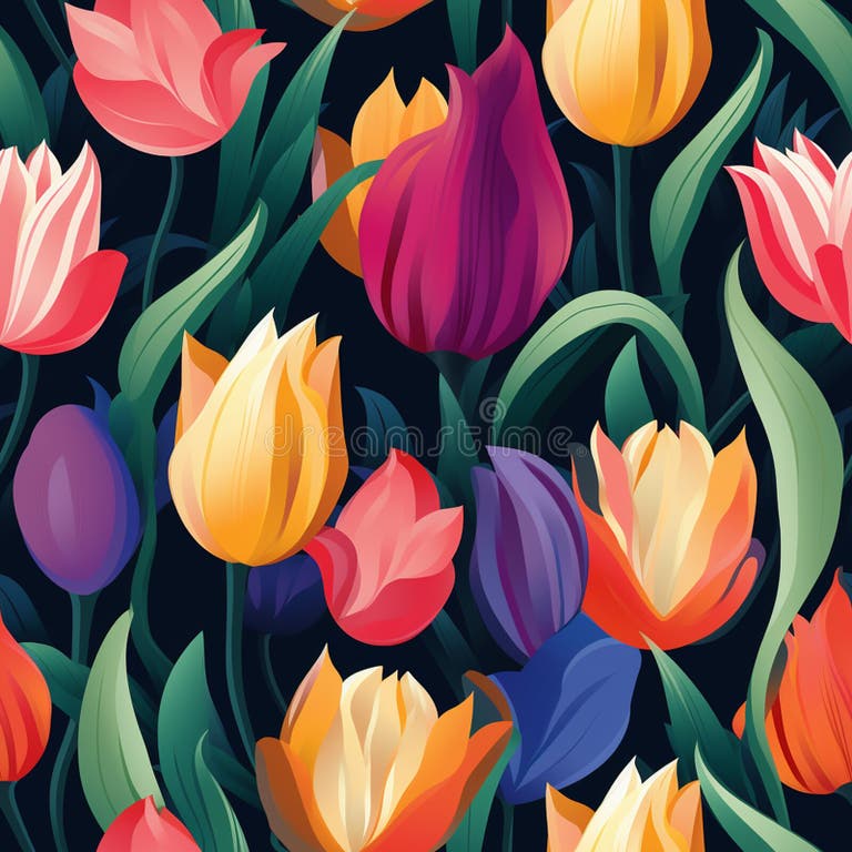 Illustration of Watercolored Seamless Blue Tulip Pattern with Leaves ...