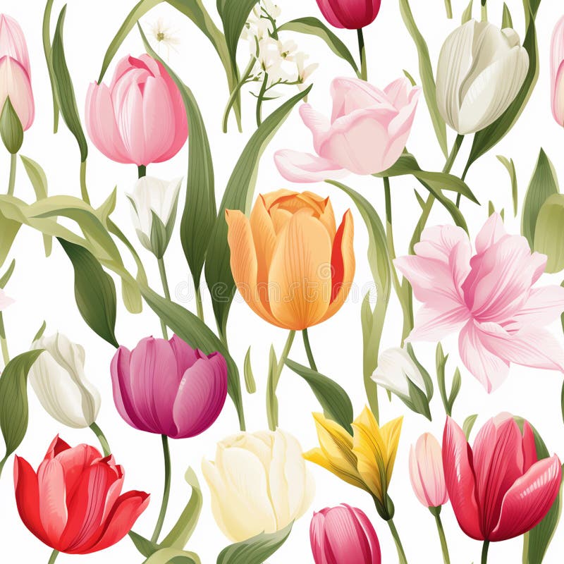 Illustration of Watercolored Seamless Blue Tulip Pattern with Leaves ...