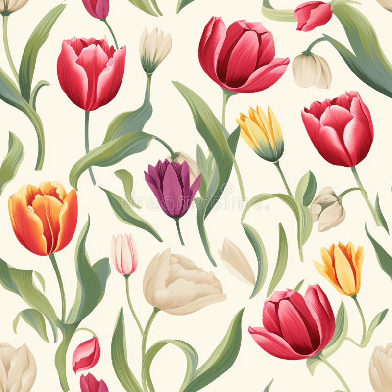 Illustration of Watercolored Seamless Blue Tulip Pattern with Leaves ...