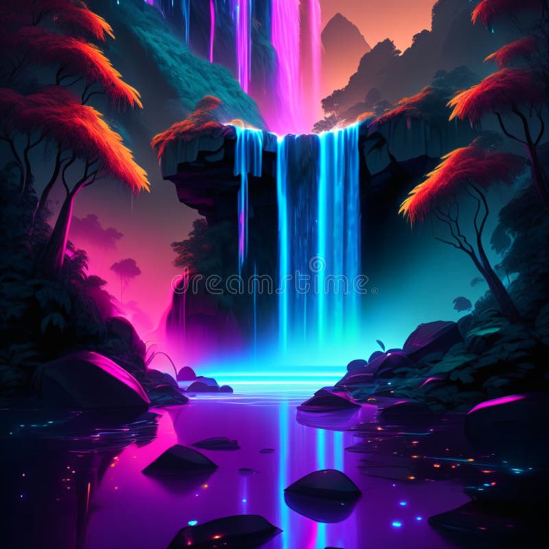 Illustration of a Waterfall in the Forest at Night with Neon Lights ...