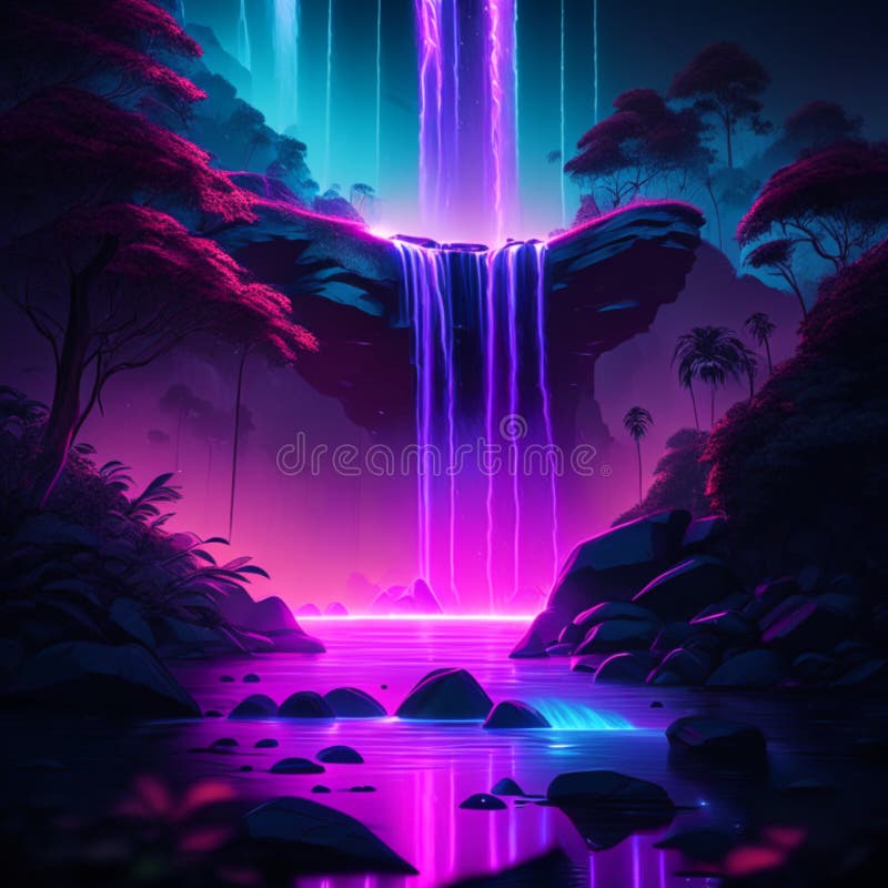 Illustration of a Waterfall in the Forest at Night with Neon Lights ...