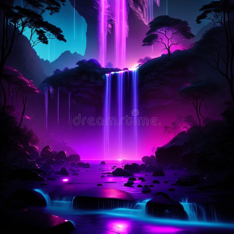 Illustration of a Waterfall in a Forest with a Purple Neon Light AI ...