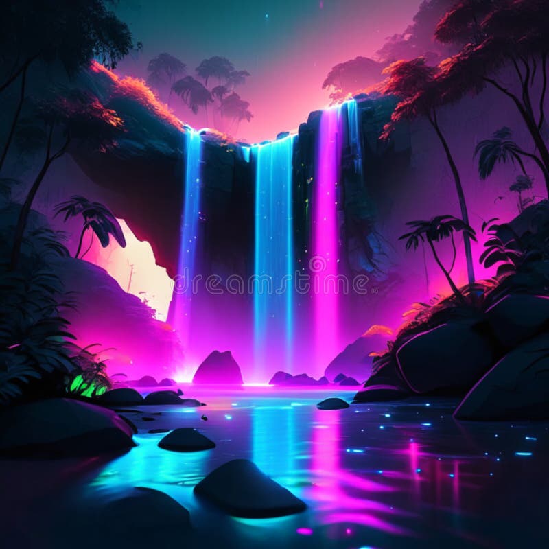 Illustration of a Waterfall in the Jungle at Night with Neon Lights AI ...