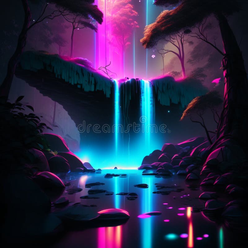 Illustration of a Waterfall in the Night Forest with Neon Lights ...